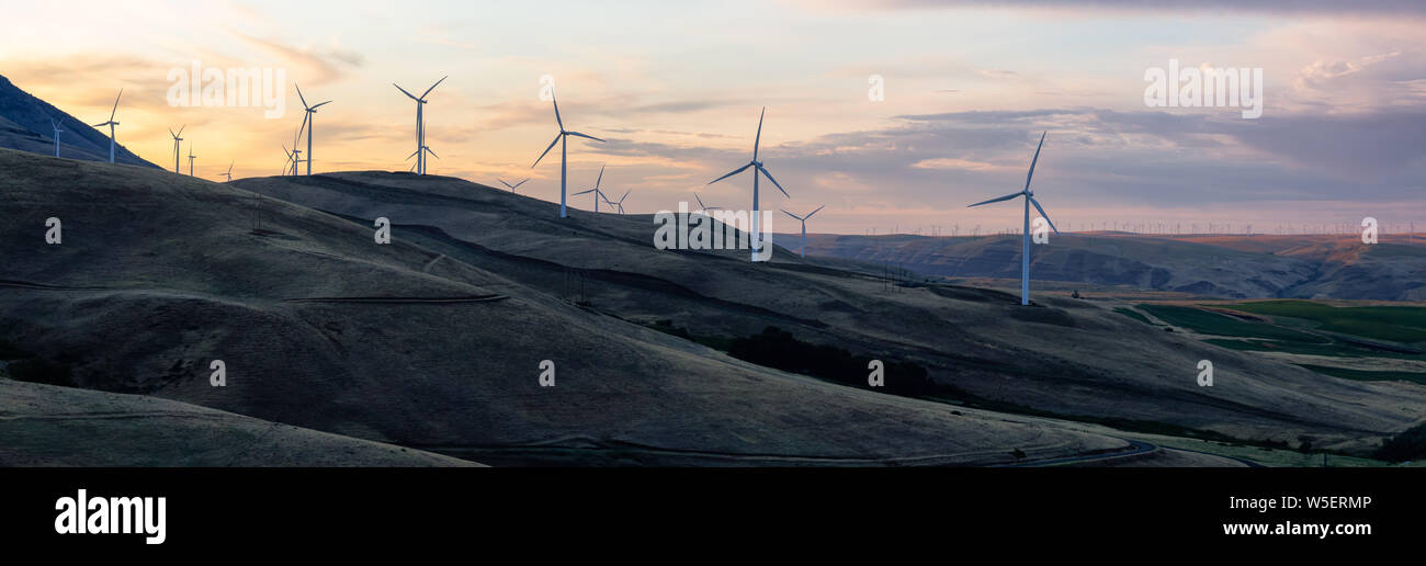 Beautiful Panoramic Landscape View of Wind Turbines on a Windy Hill ...