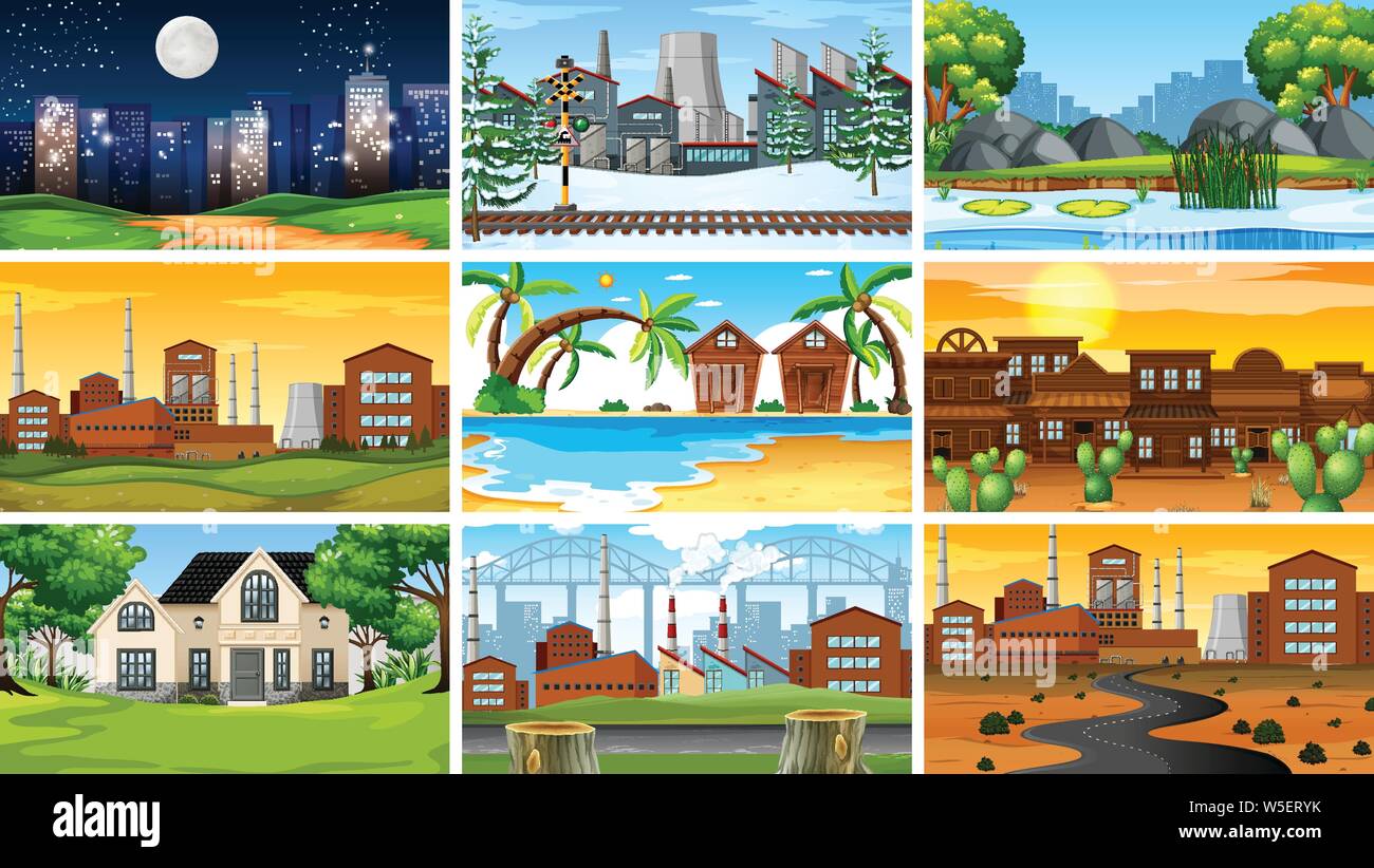 Set of scenes in nature setting illustration Stock Vector Image & Art ...