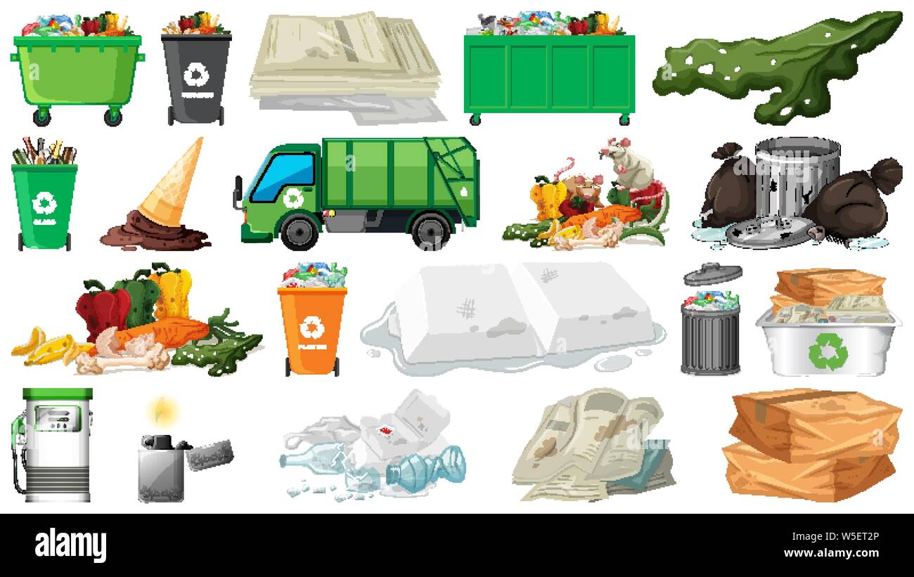 Pollution, litter, rubbish and trash objects isolated illustration ...