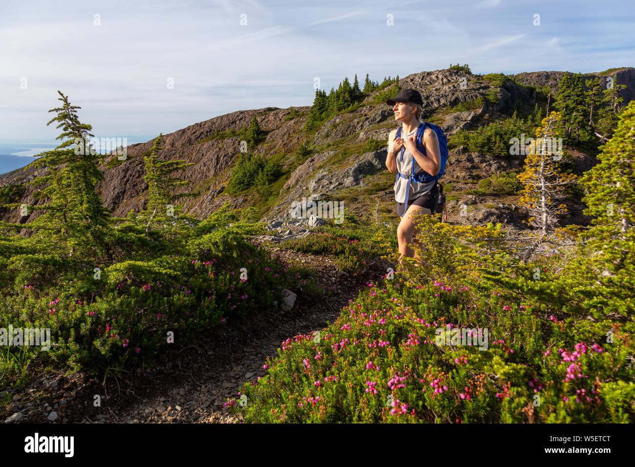 Adventurous girl hiking the beautiful trail in the Canadian Mountain ...