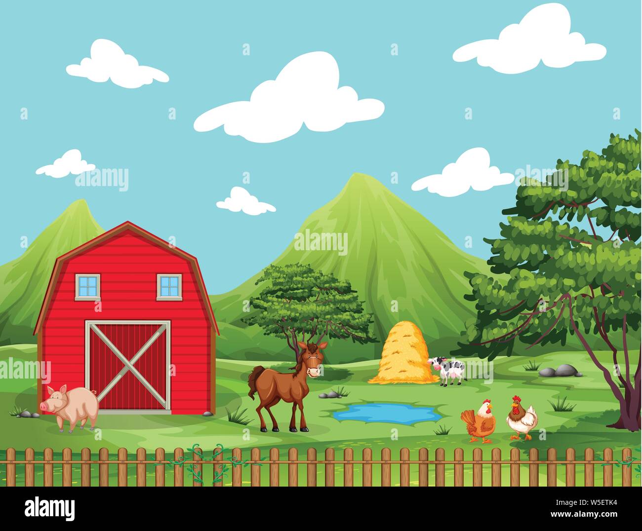Farm scene with pig, horse, chickens, pond, water and cow with hay ...