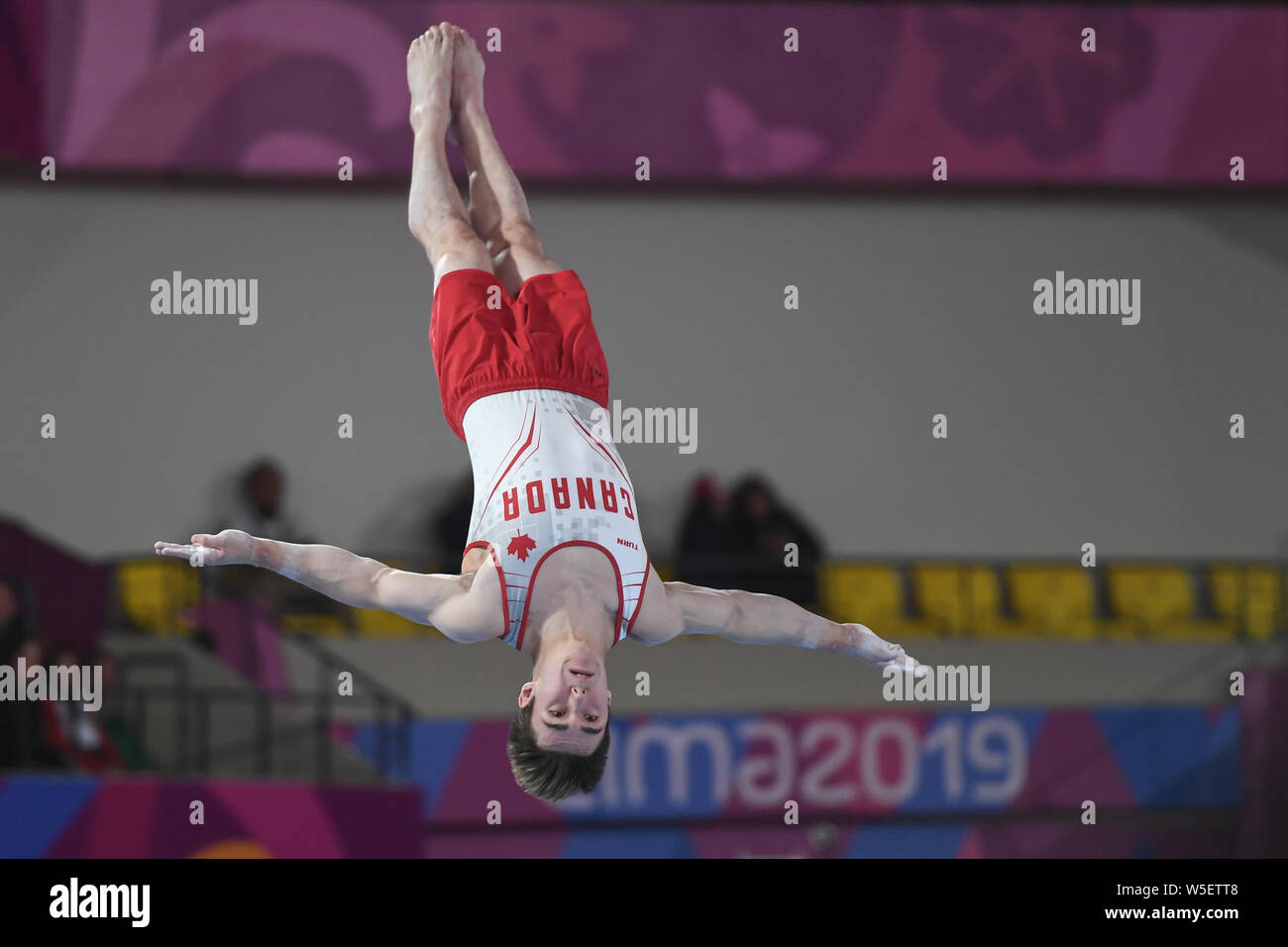 Lima, Peru. 28th July, 2019. SAM ZAKUTNEY from Canada warms up on the ...