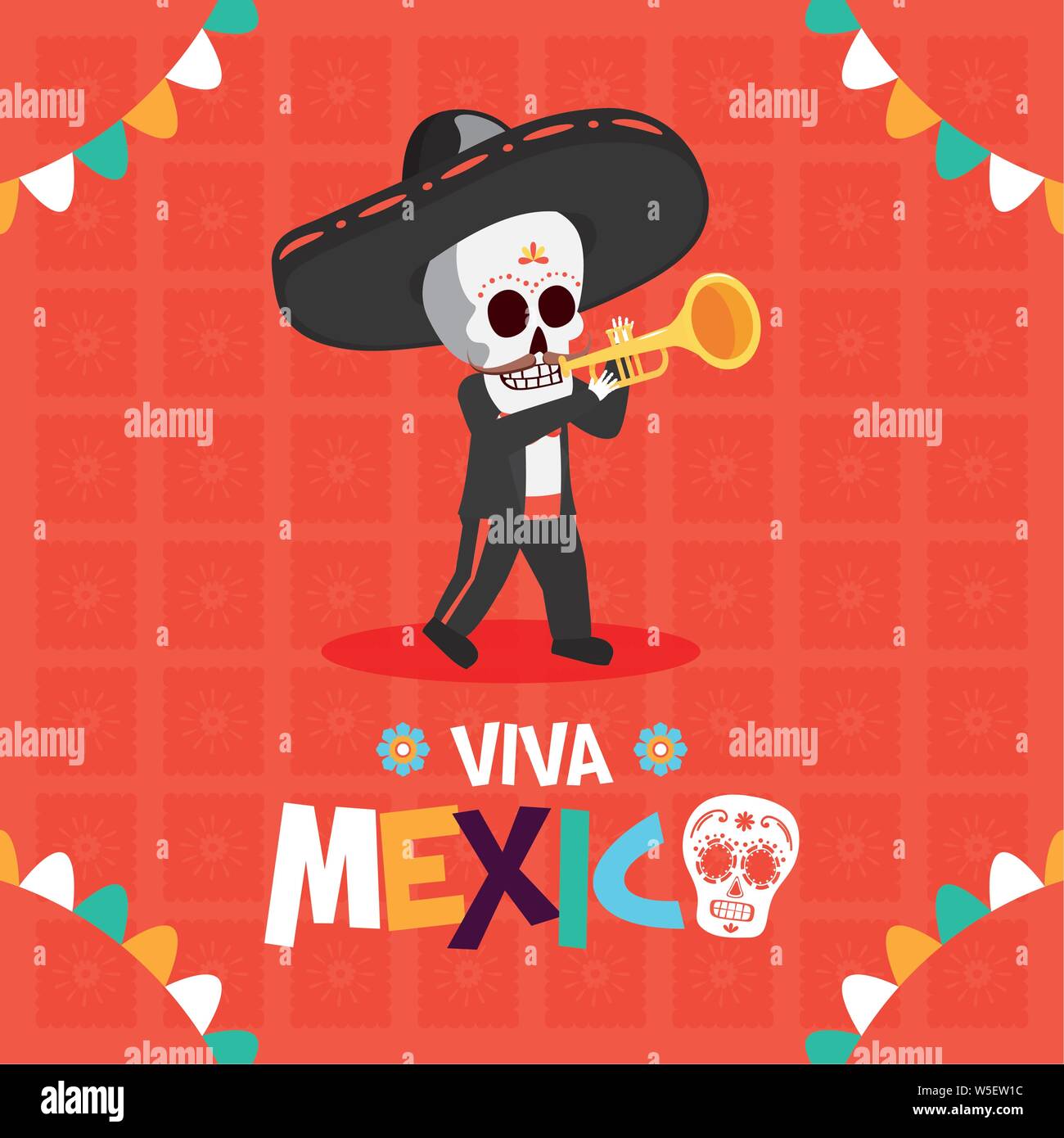 skeleton playing trumpet celebration viva mexico Stock Vector Image ...