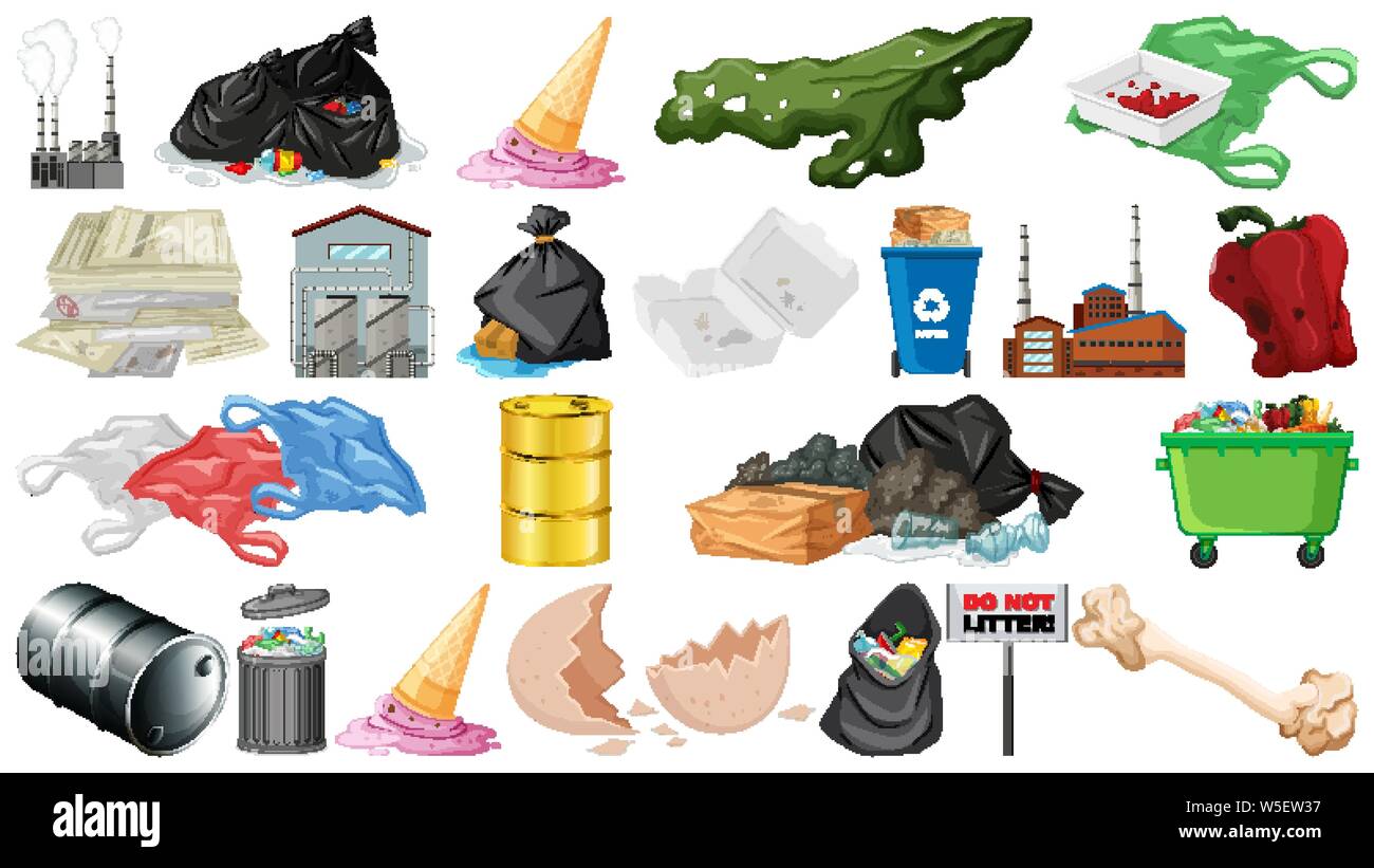 Pollution, litter, rubbish and trash objects isolated illustration ...