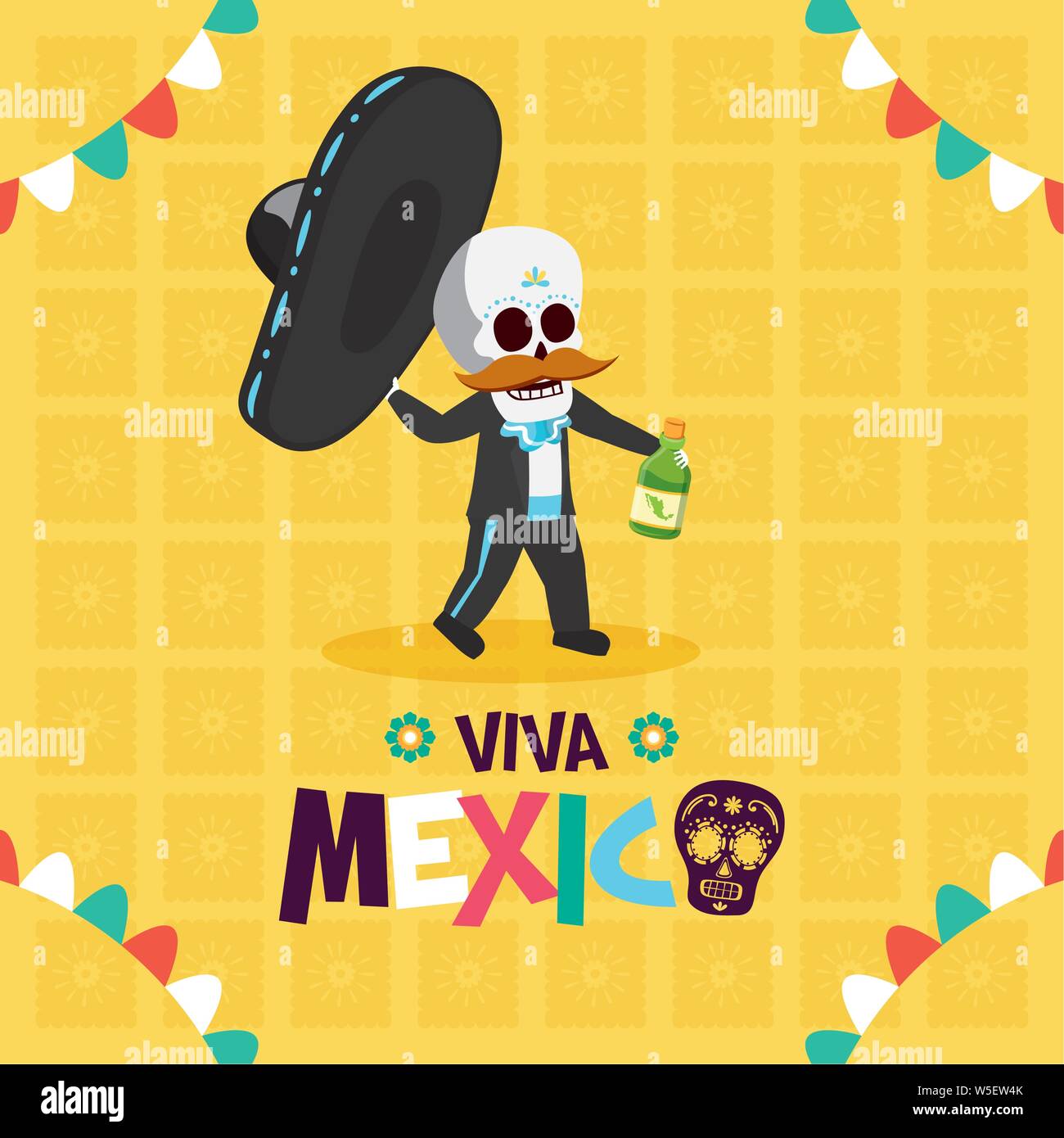 skeleton with hat and tequila celebration viva mexico Stock Vector ...