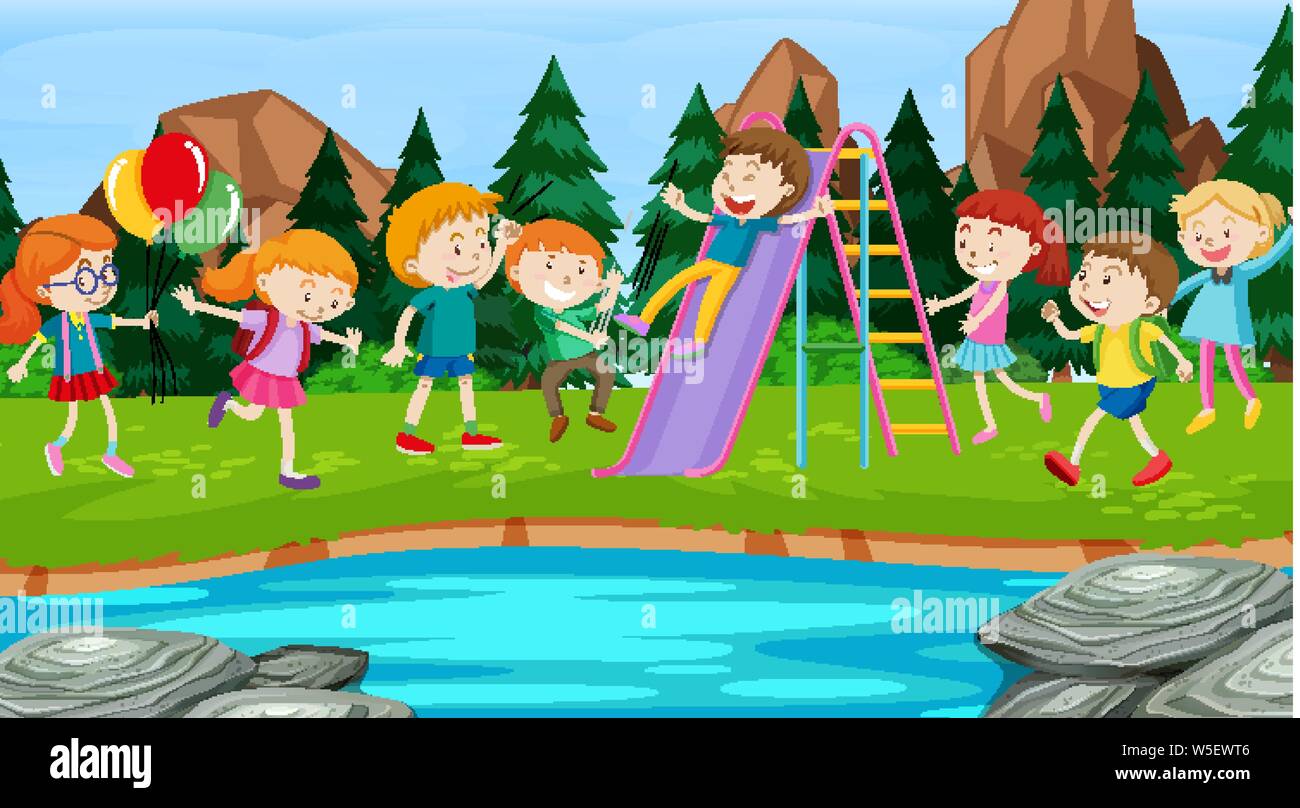 Active kids playing in outdoor scene illustration Stock Vector Image ...