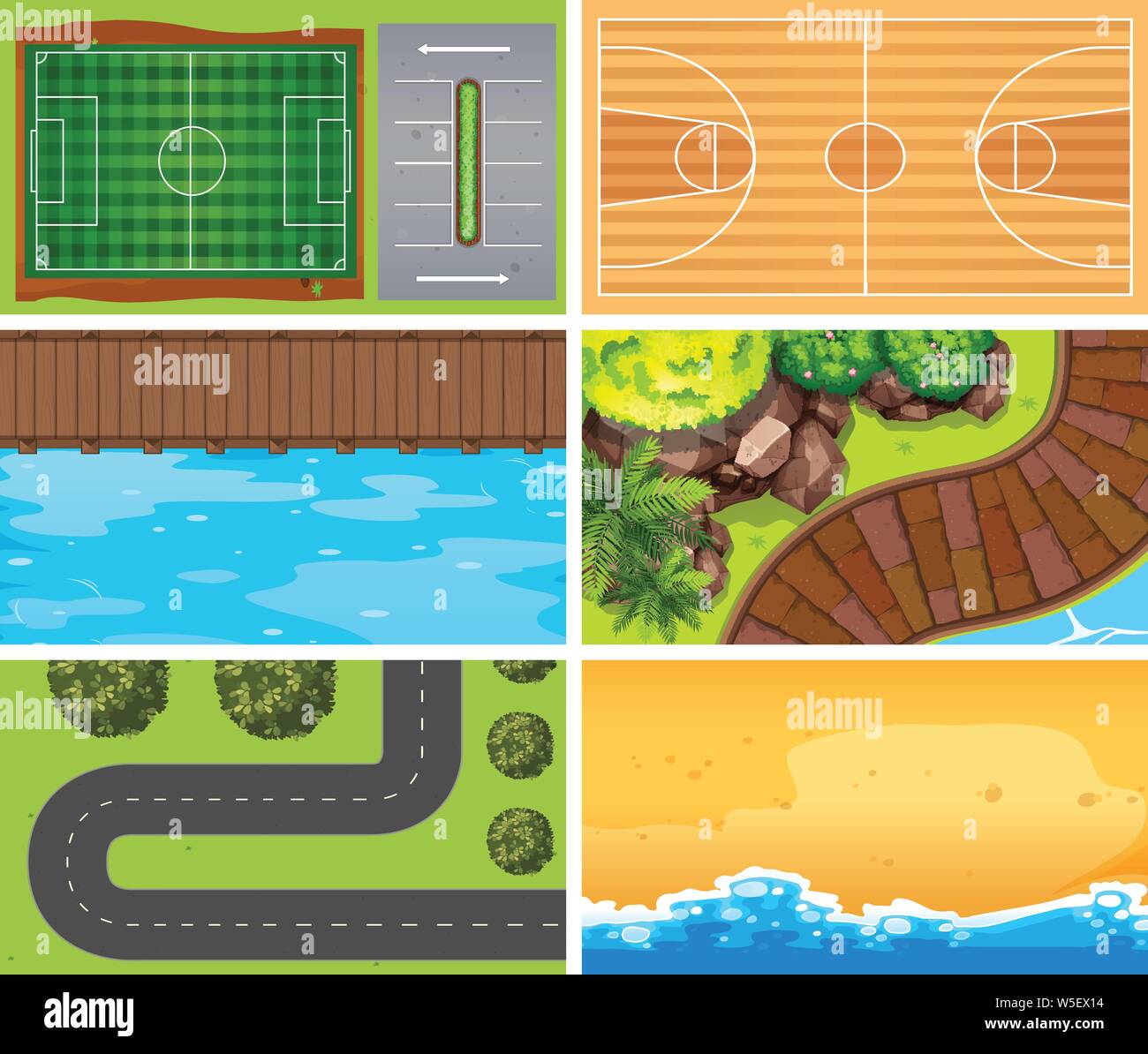 Set of top view aerial scenes in nature and outdoors illustration Stock ...