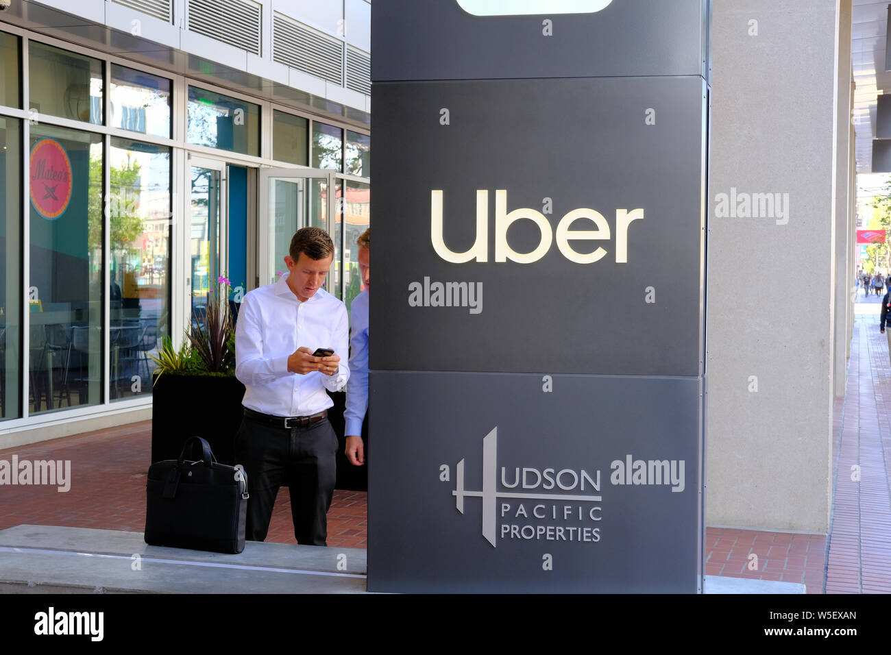 Uber sign / logo at ride-sharing company headquarters in San Francisco ...