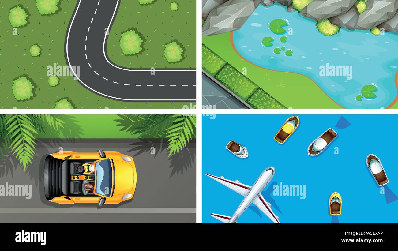 Set of top view aerial scenes in nature and outdoors illustration Stock ...