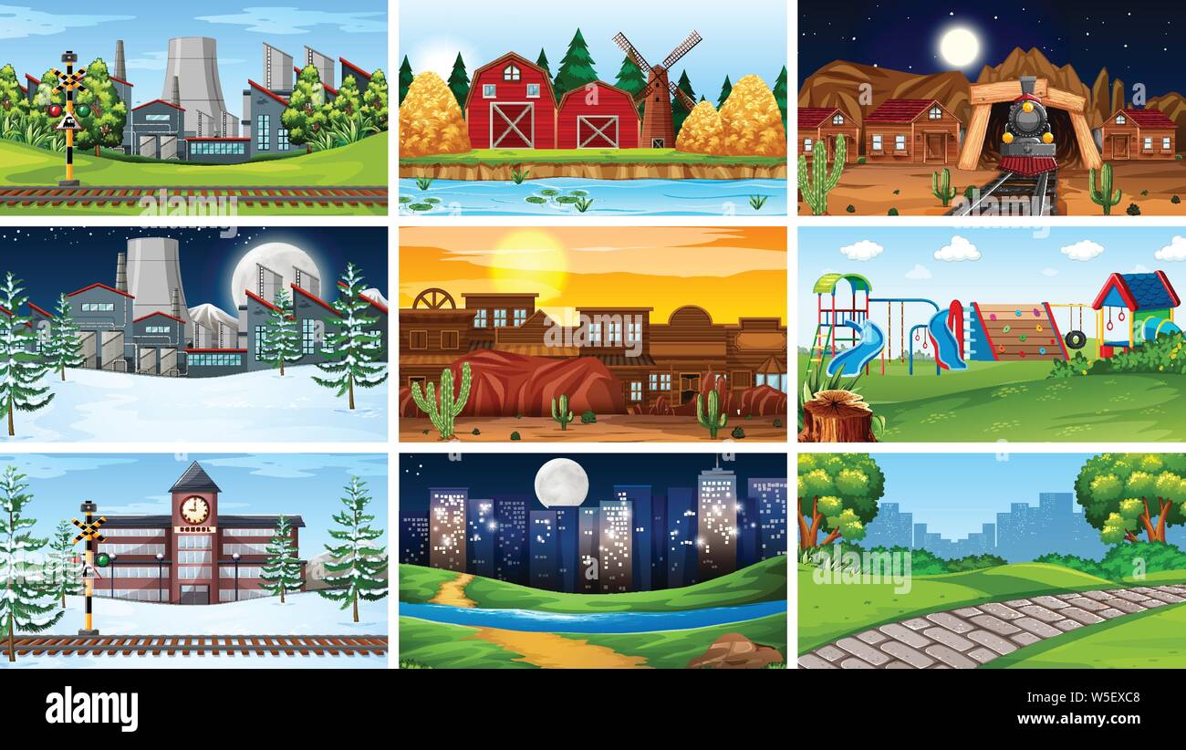 Set of scenes in nature setting illustration Stock Vector Image & Art ...