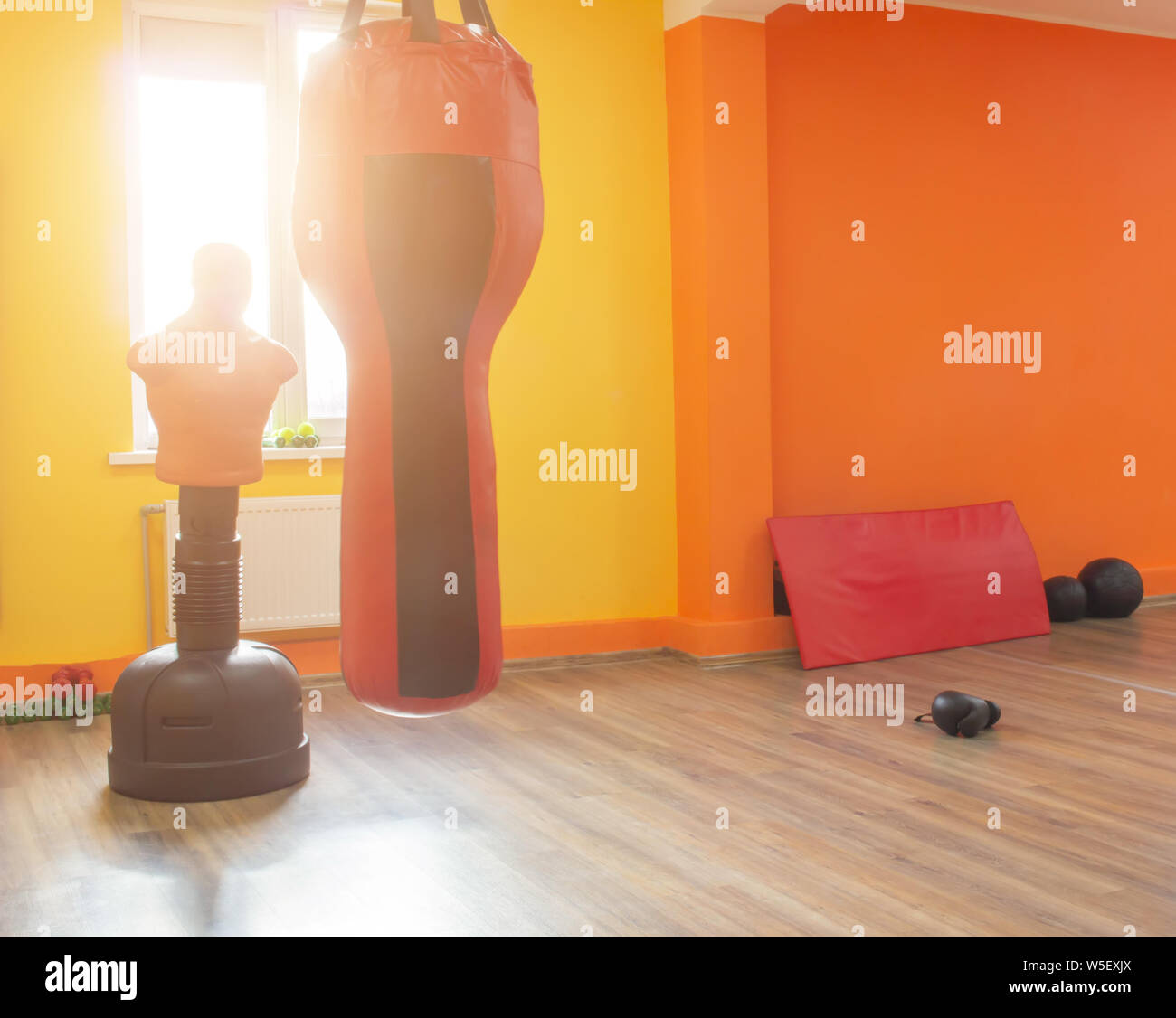Modern boxing room with sun in the window, copy space, orange, athlete ...