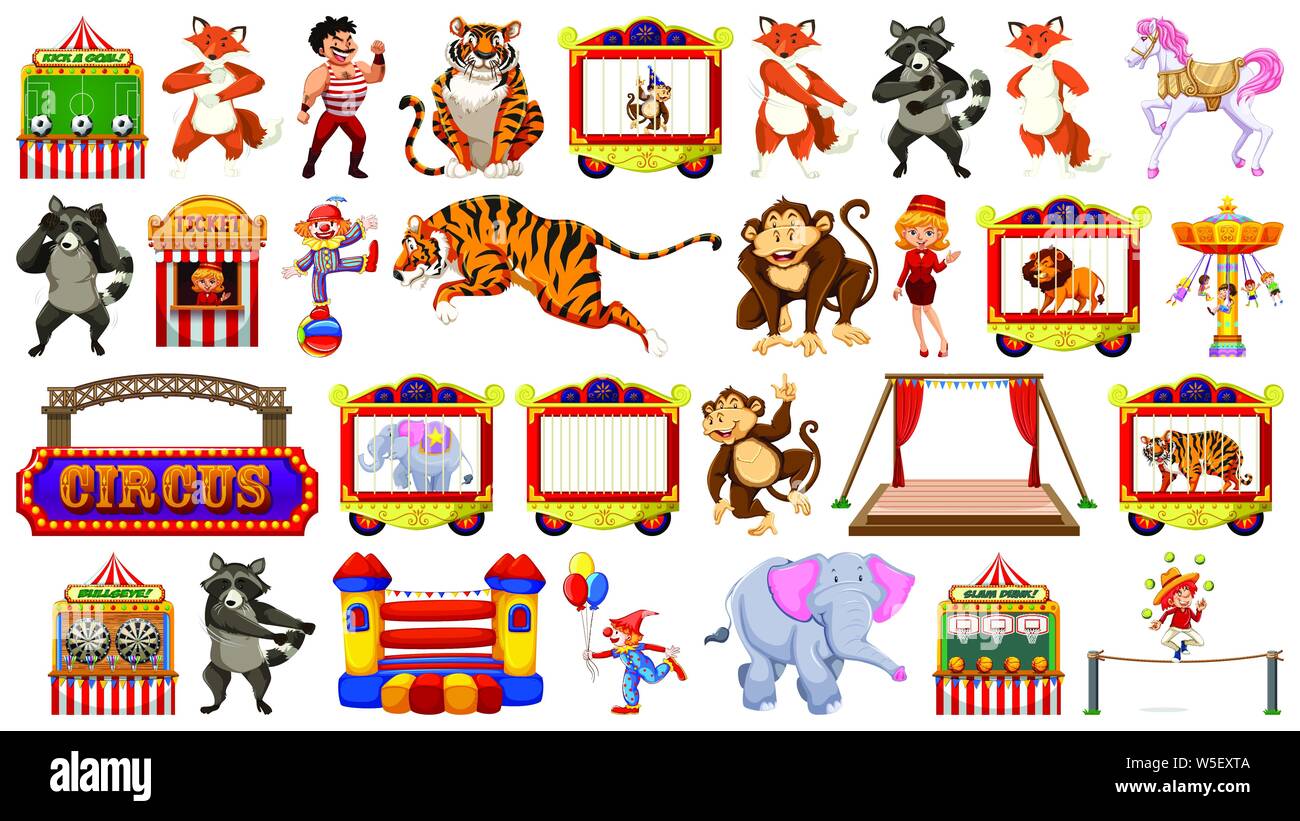 Circus set with animals rides and clowns on isolated background ...