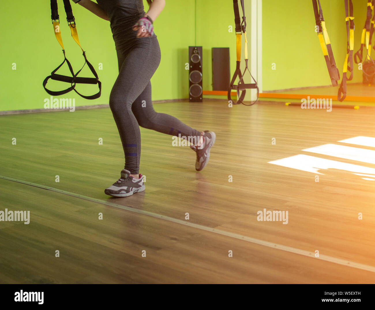 Lesson and exercise in a modern gym with loops, copy space, sun, excess ...