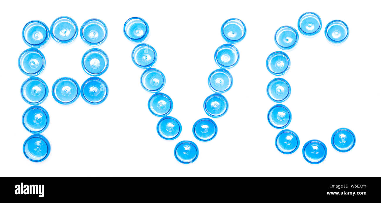 Sign designation blue plastic jars on a white background the word PVC ...