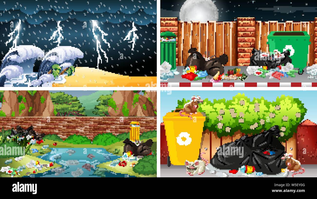 Pollution scenes in urban and natural settings illustration Stock ...