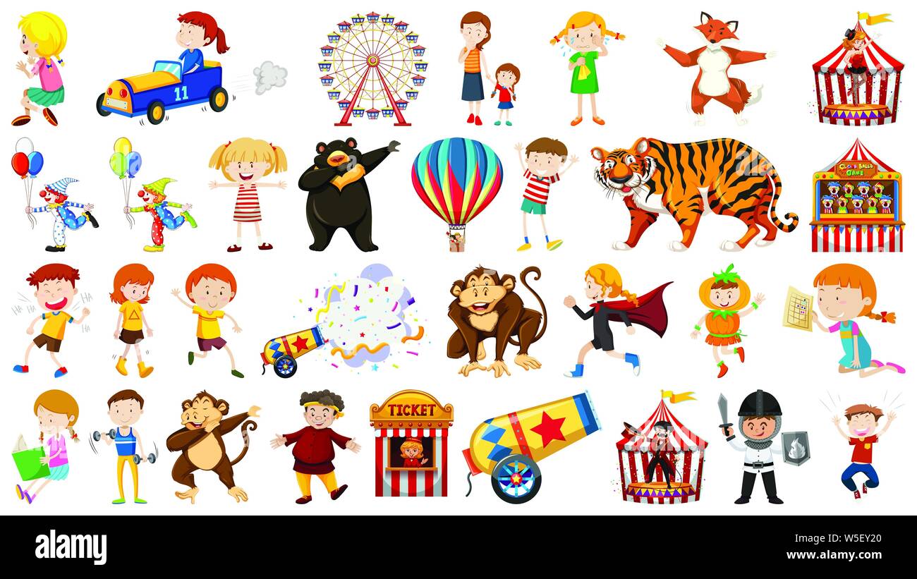 Circus set with animals rides and clowns on isolated background ...