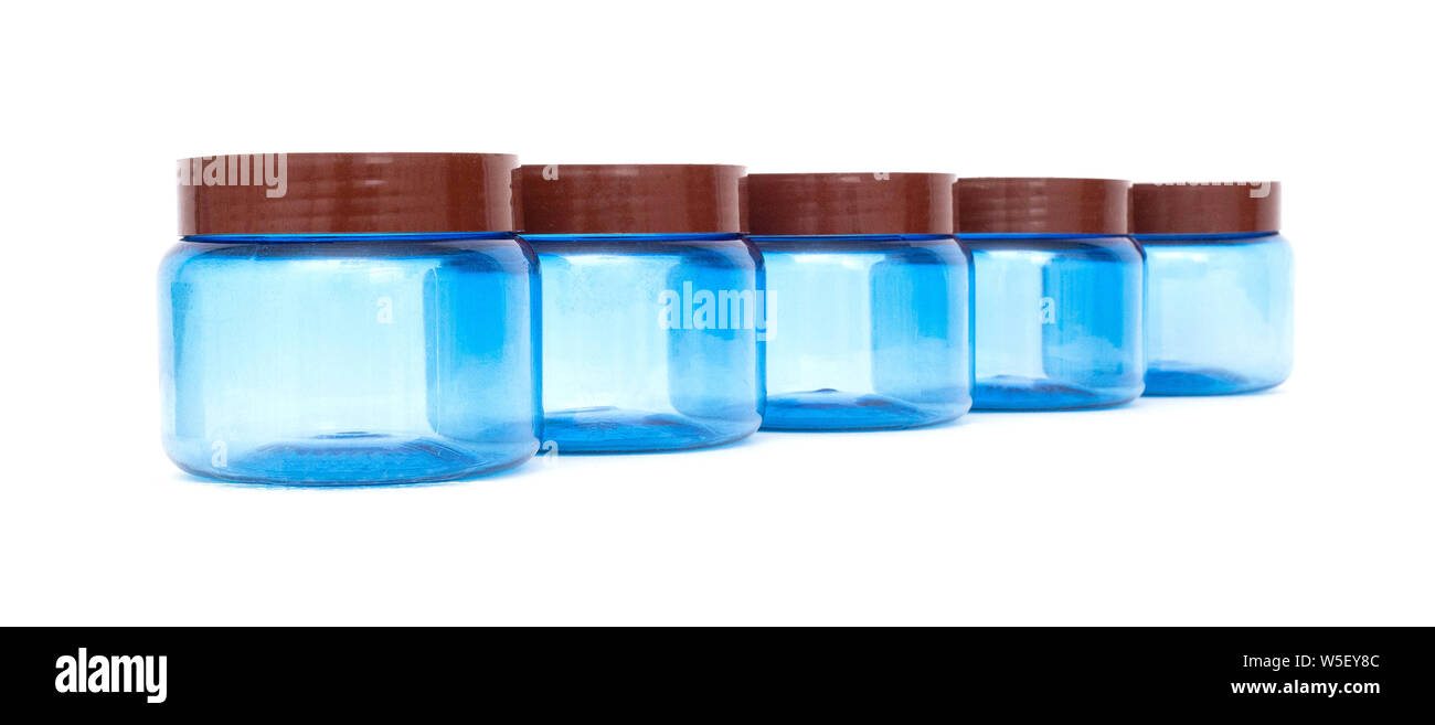 Blue plastic jars on a white background isolate, polyethylene ...