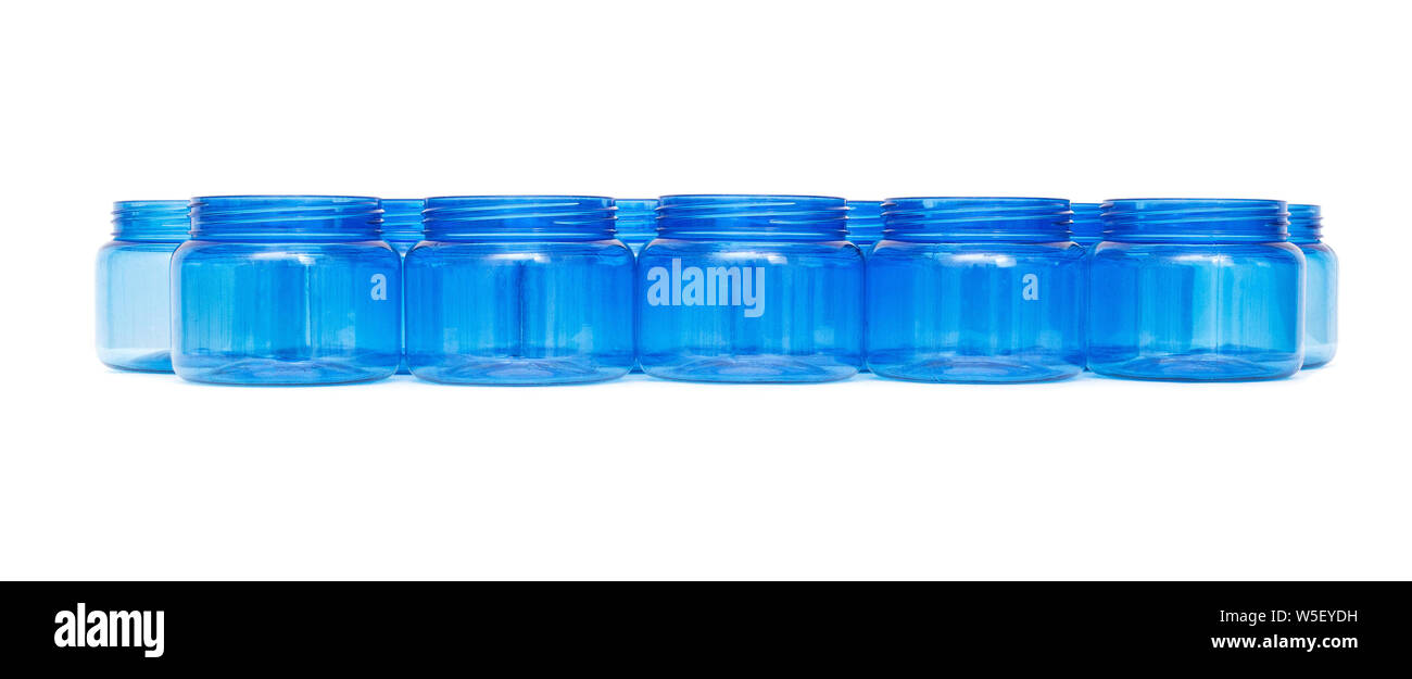Blue plastic jars on a white background isolate, polyethylene ...