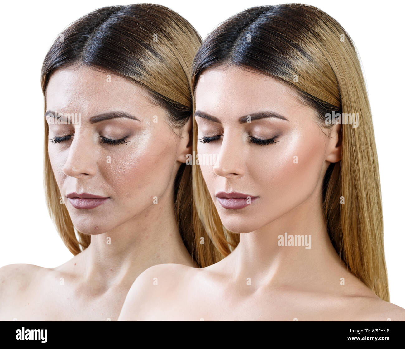 Portrait of woman before and after skin retouch Stock Photo - Alamy