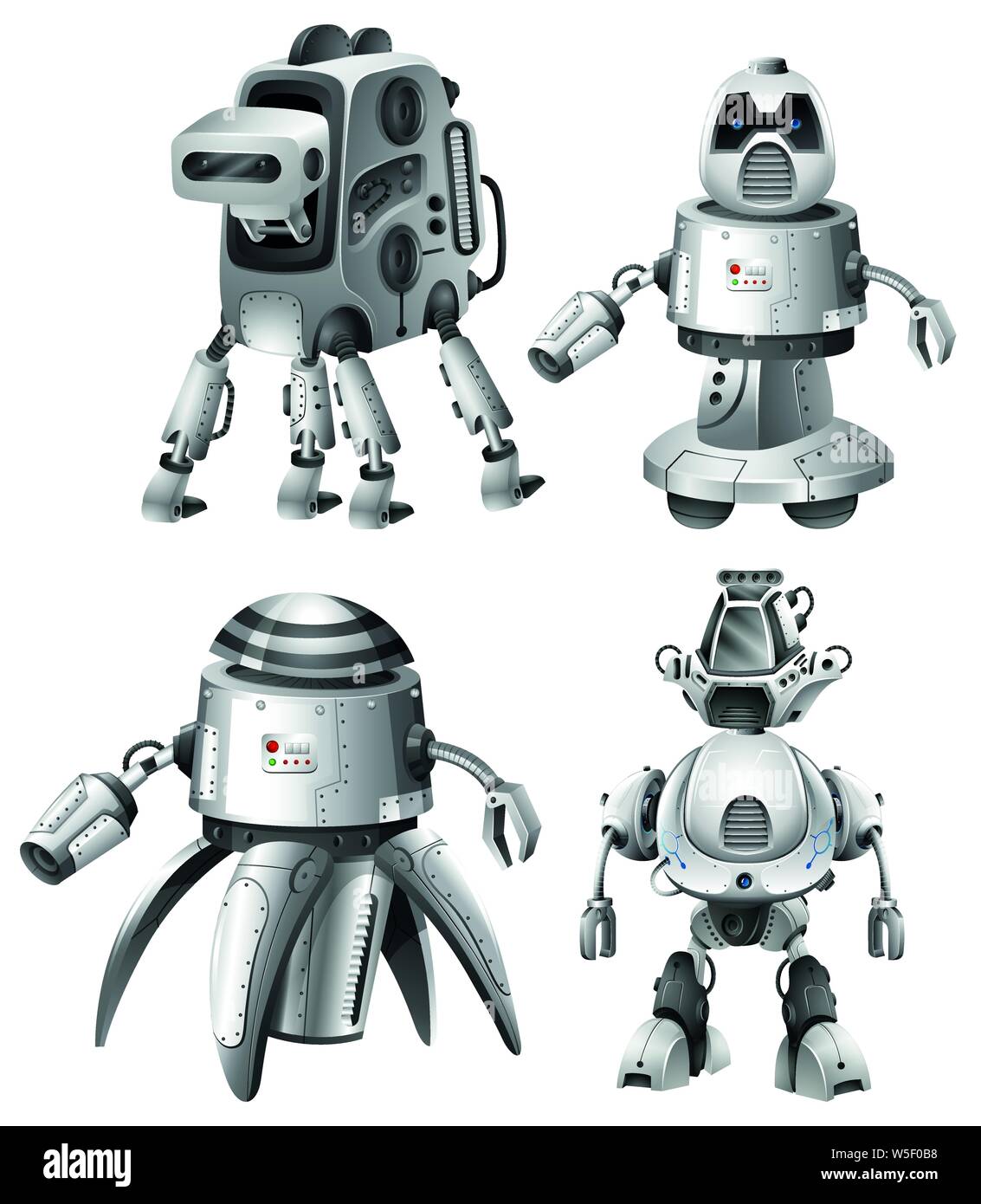 Set of futuristic robots on white illustration Stock Vector Image & Art ...