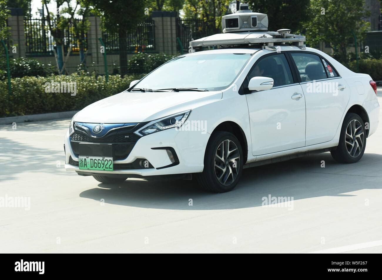 An autonomous driving electric vehicle (EV) developed by Alibaba Group ...
