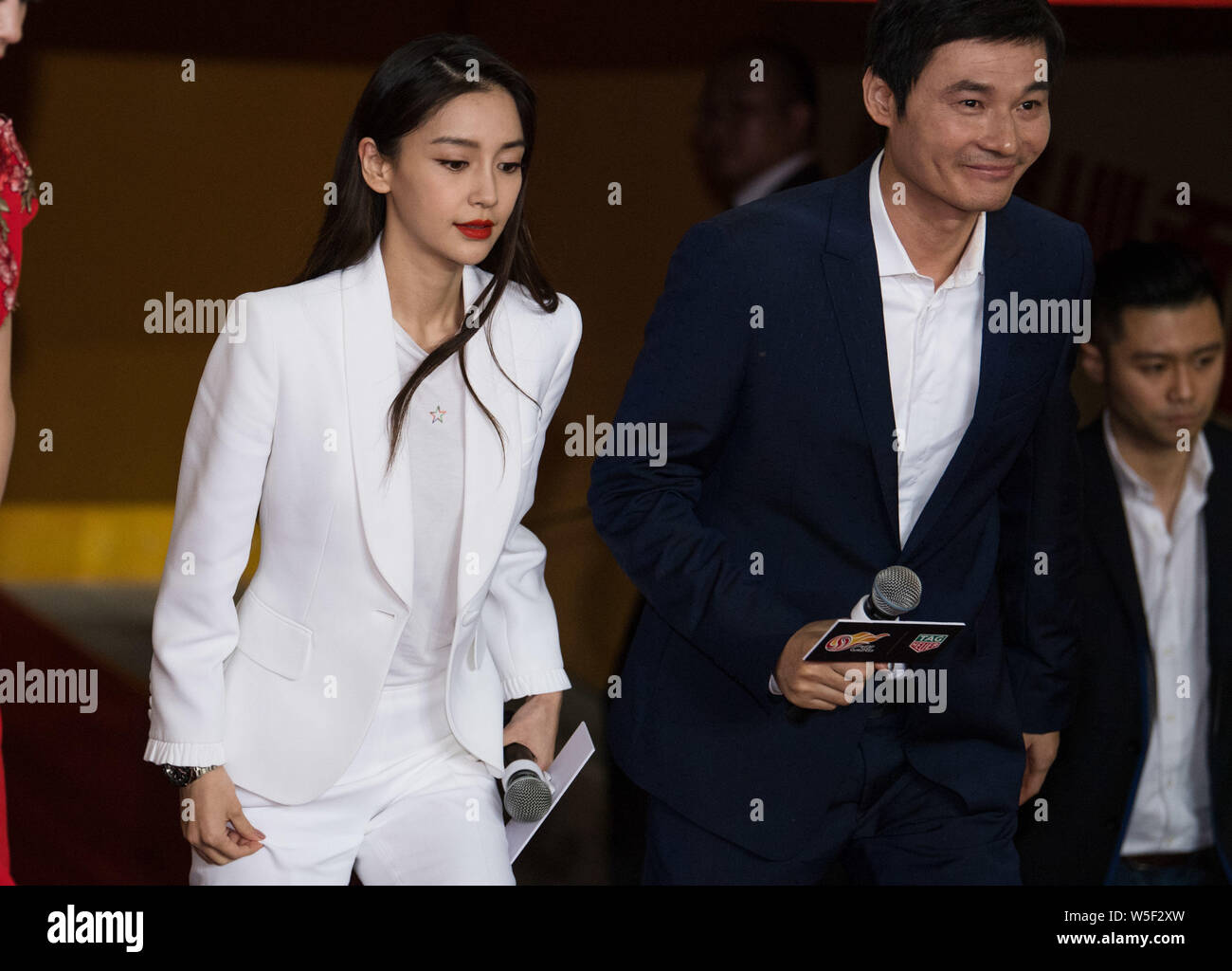 Hong Kong actress Angelababy attends the opening ceremony of the 2019 CSL (Chinese Football ...