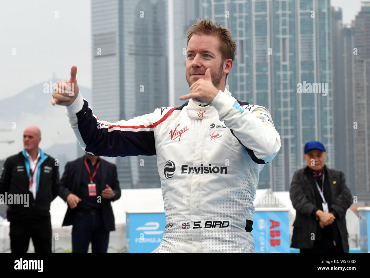 British racing driver Sam Bird celebrates during the award presentation ...
