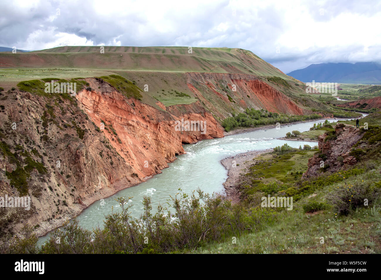 Top view of the Naryn River flowing through a mountain gorge ...