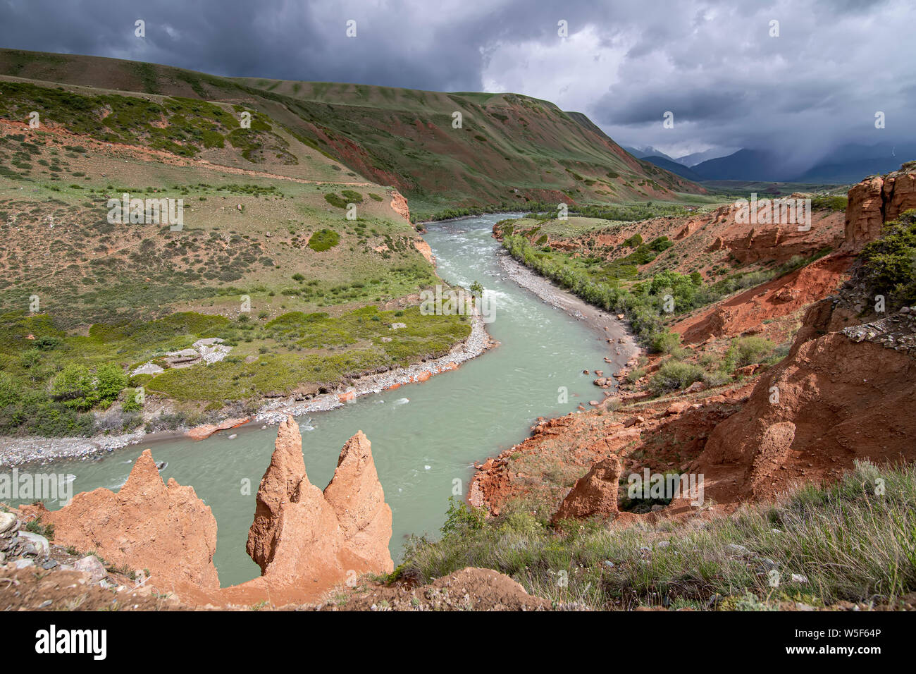 Top view of the Naryn River flowing through a mountain gorge ...