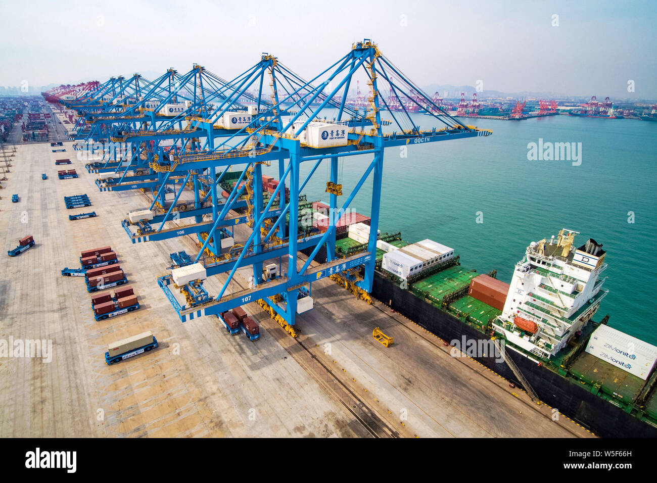 --FILE--An aerial view of containers stacked at the fully automated container terminal at the ...