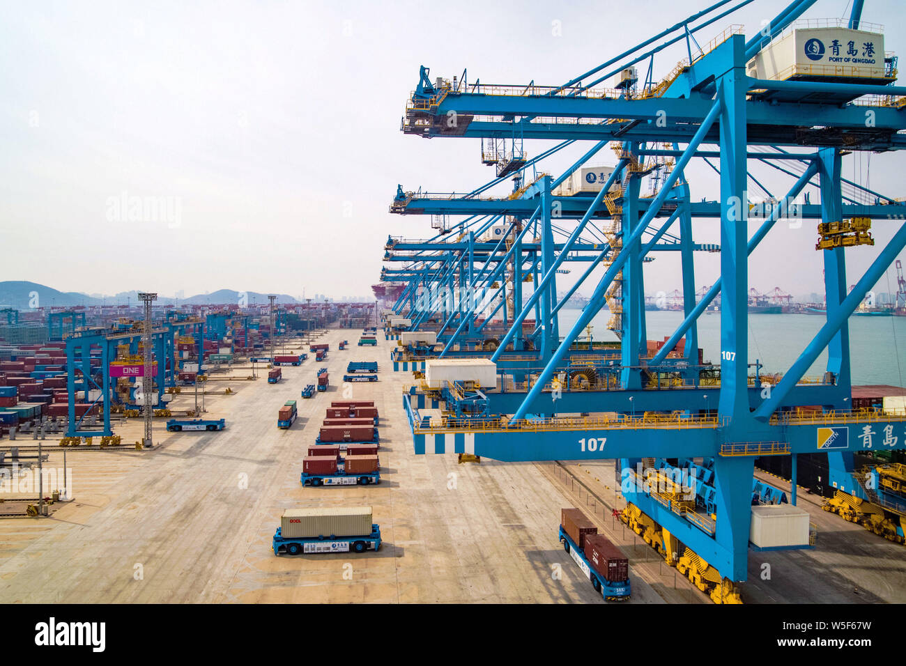 --FILE--An aerial view of containers stacked at the fully automated container terminal at the ...