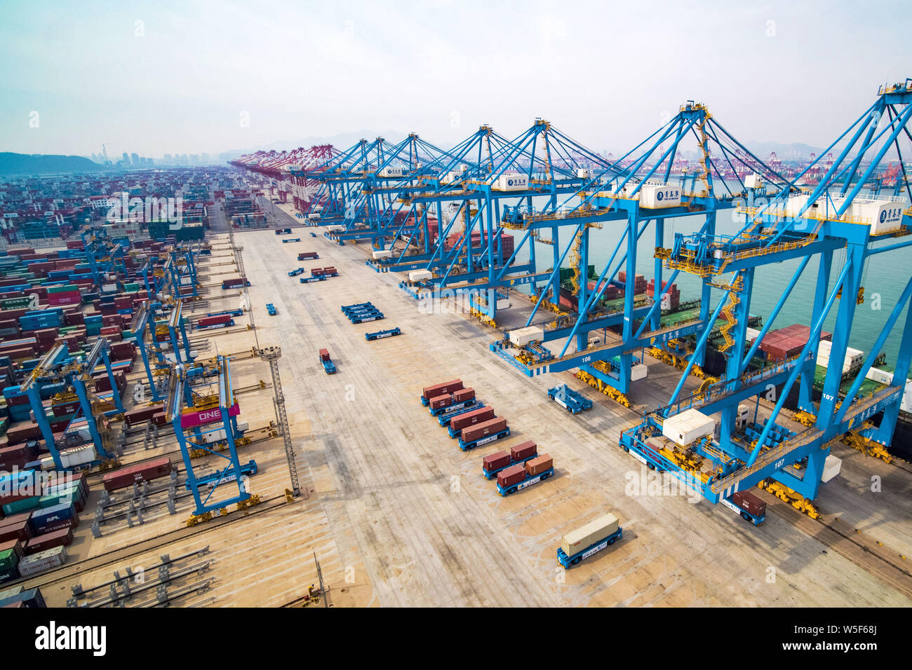--FILE--An aerial view of containers stacked at the fully automated container terminal at the ...
