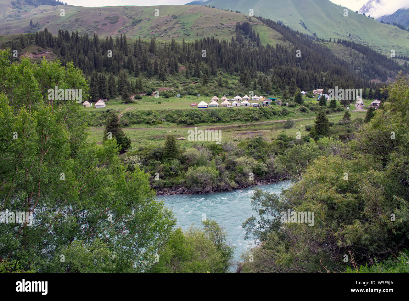Top view of the Naryn River flowing through a mountain gorge ...