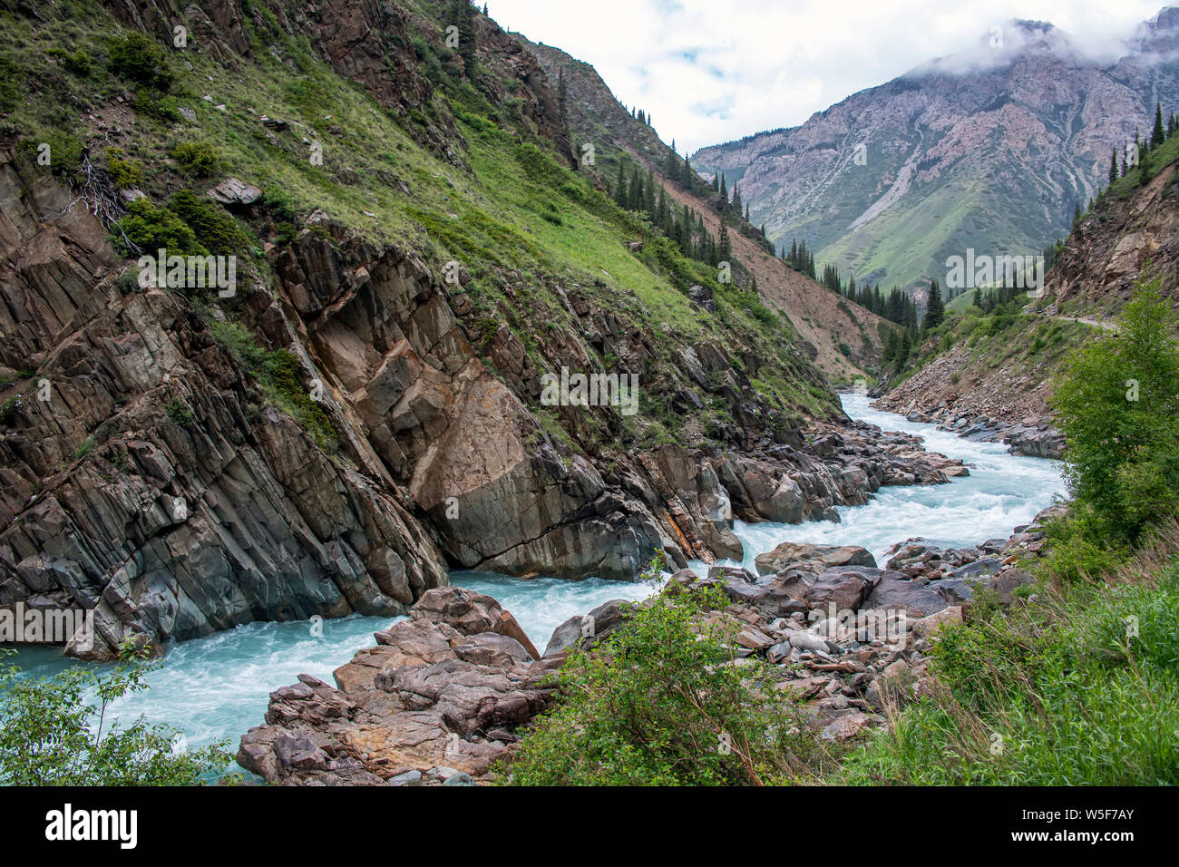 View of the Naryn River flowing through a mountain gorge. Kyrgyzstan ...