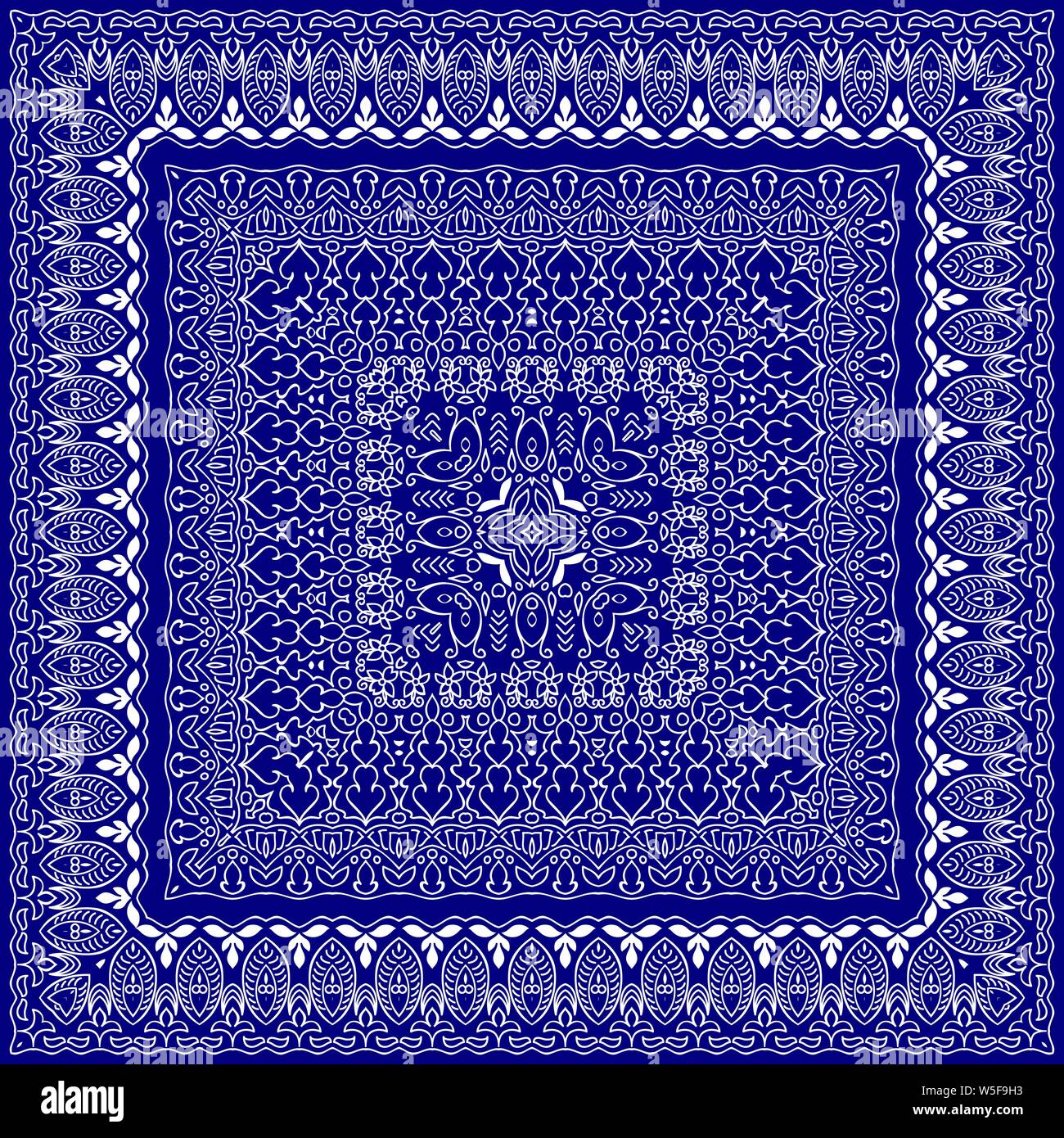 Blue handkerchief with white ornament. Square ornament for print on ...