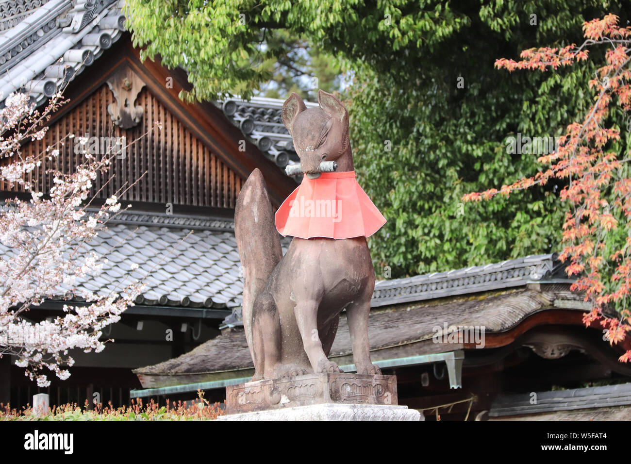Stone statue of Inari fox in Fushimi Inari shrine in Kyoto, Japan Stock ...