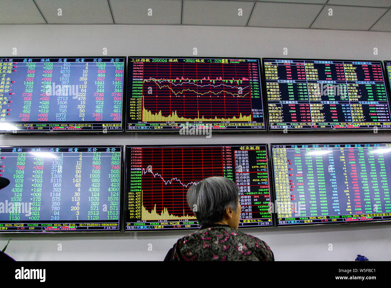 A concerned Chinese investor looks at a screen displaying stock index ...