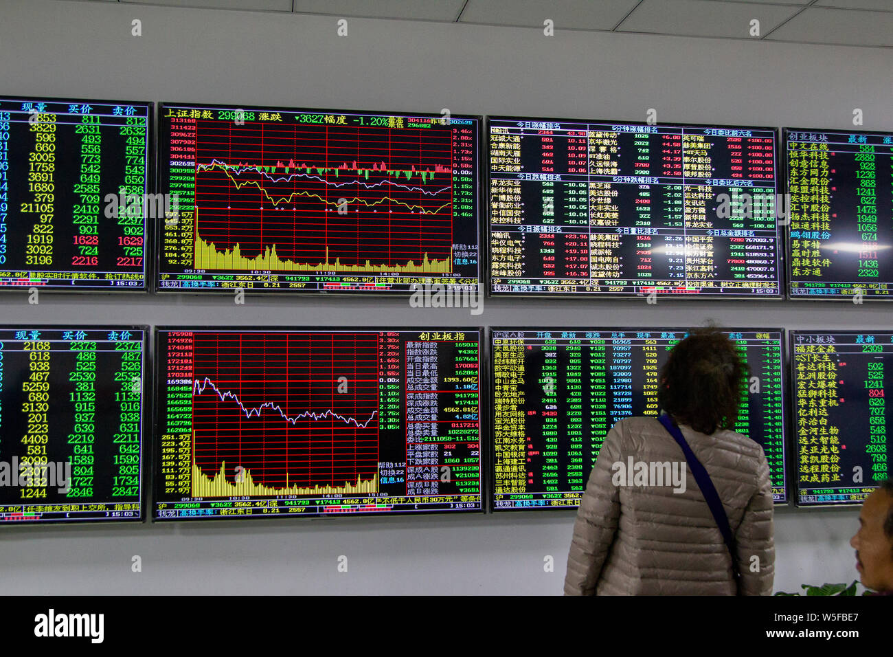 A concerned Chinese investor looks at a screen displaying stock index ...