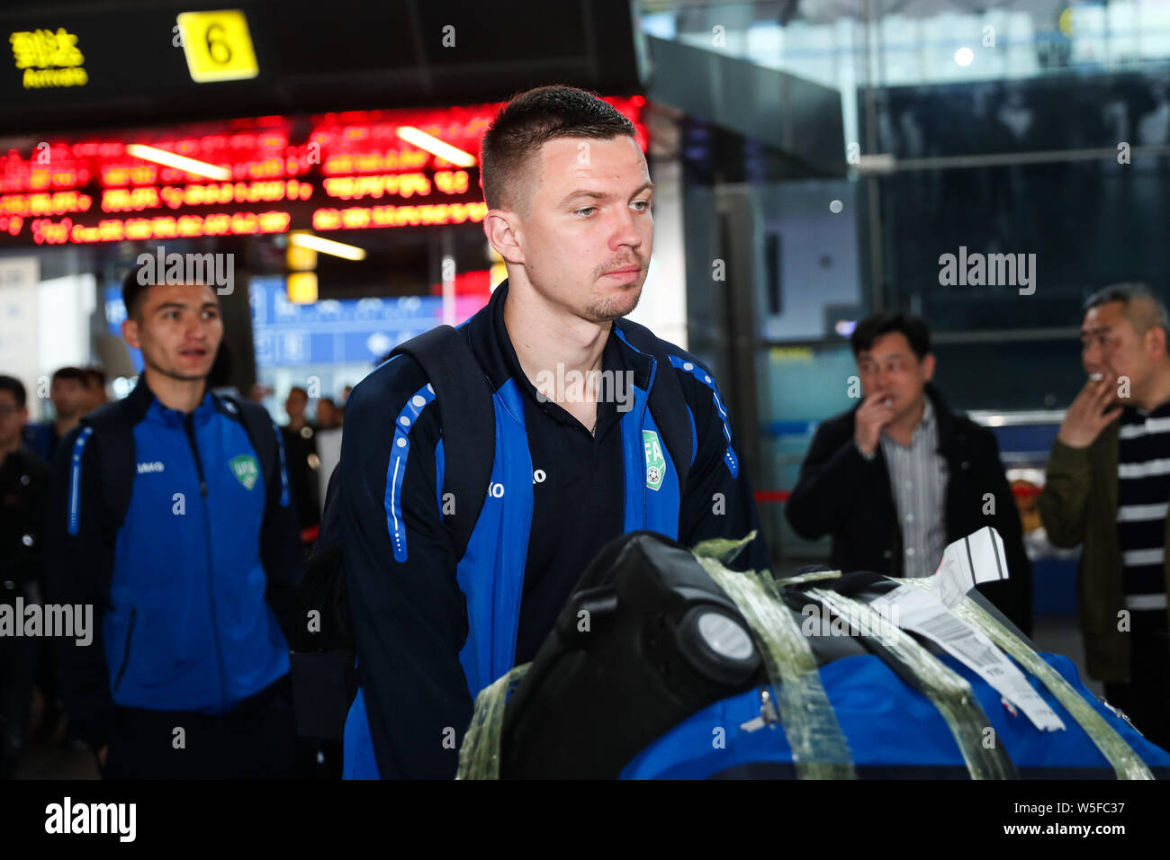 Egor Krimets of Uzbekistan national men's football team arrives at the ...