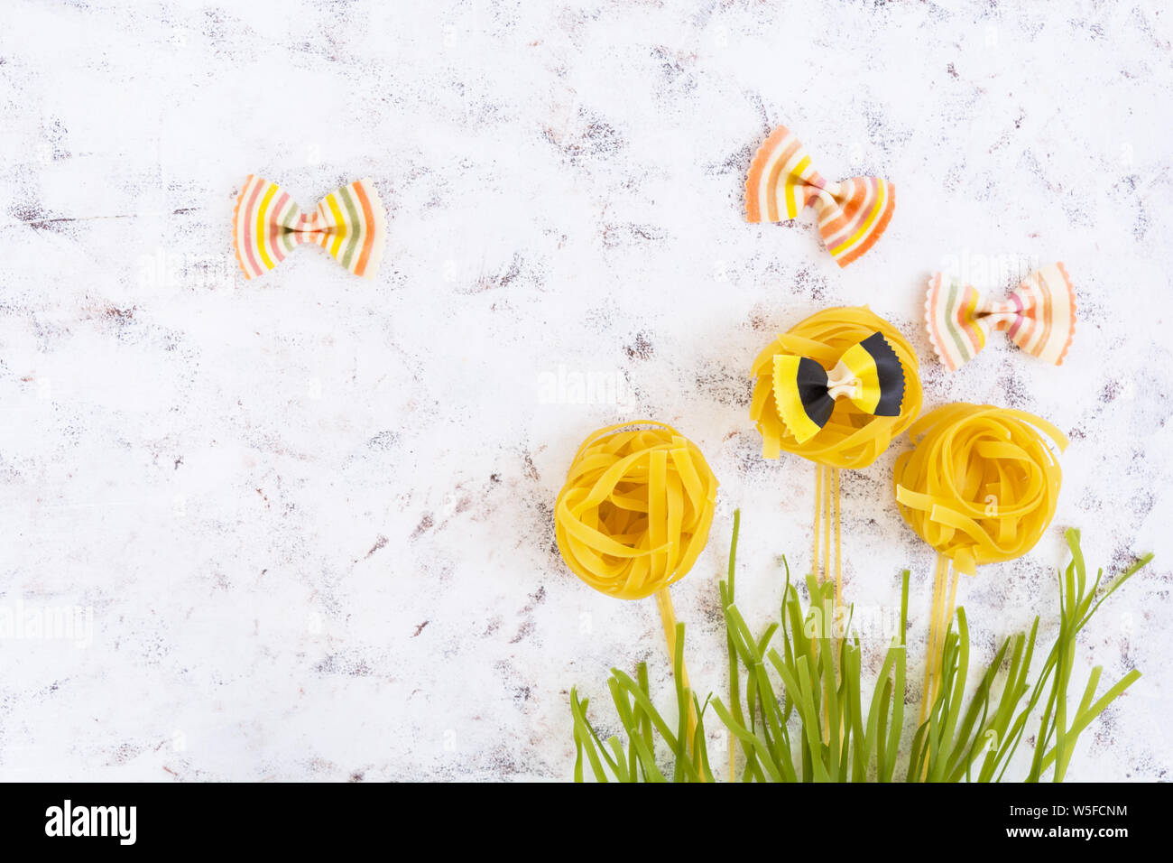 Dry pasta background. Different pasta on white background. Flat lay ...