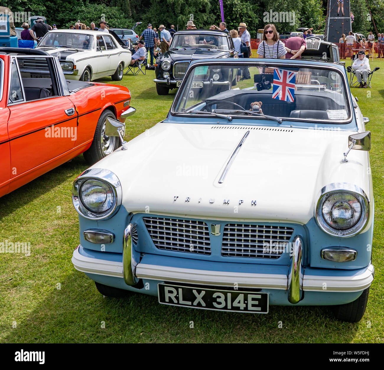 Front view of an open top vintage Triumph sports car on display at the ...
