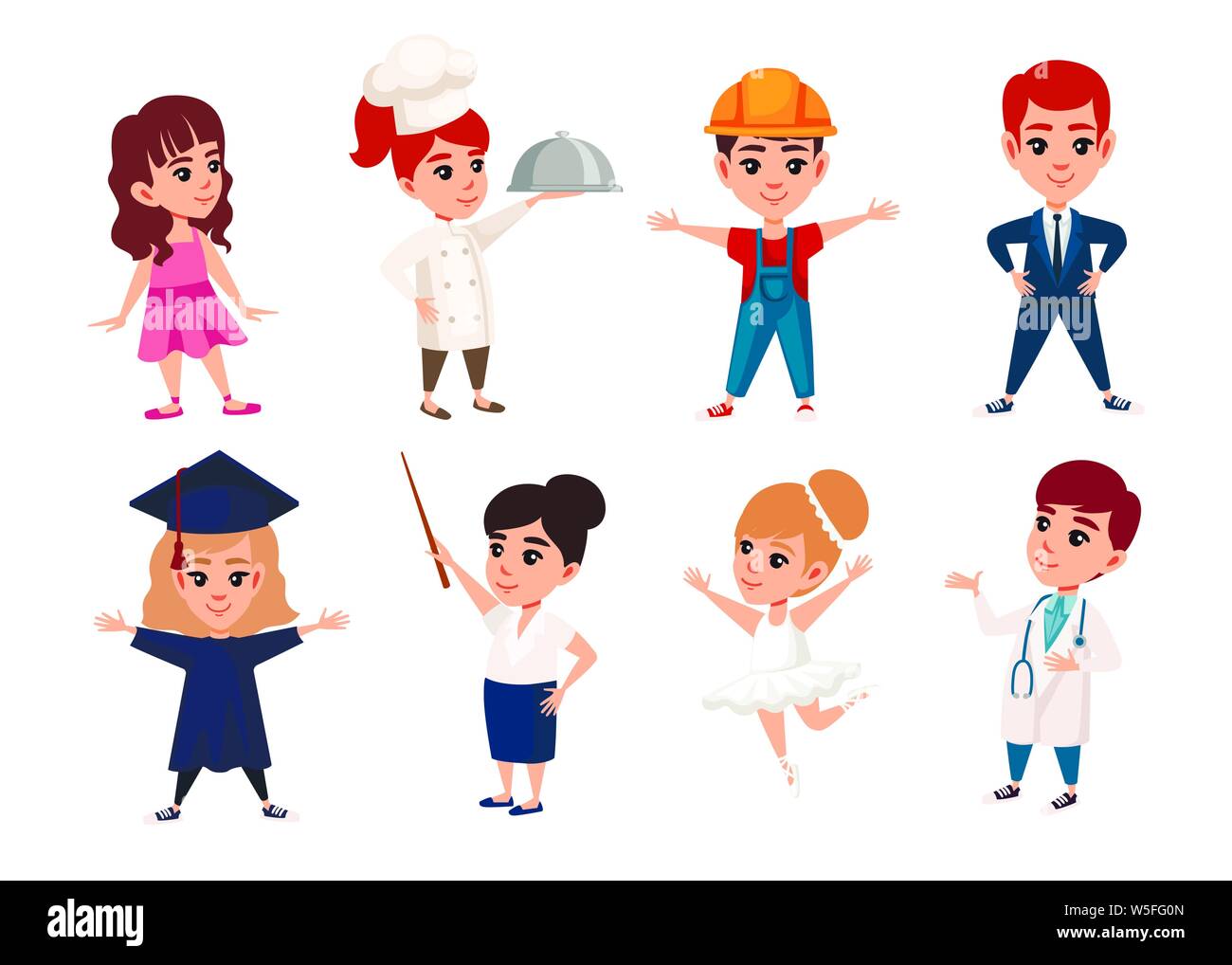 Set of boys and girls kid wearing costumes of different professions ...