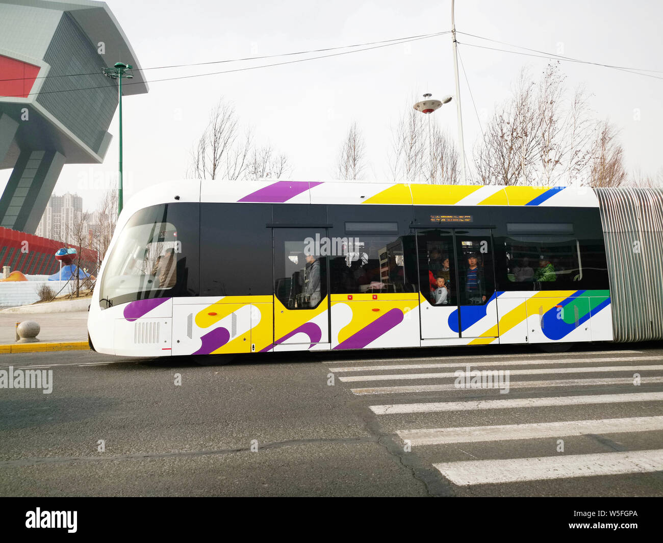 A railless train, developed by the CRRC Zhuzhou Institute Co. Ltd, on a ...