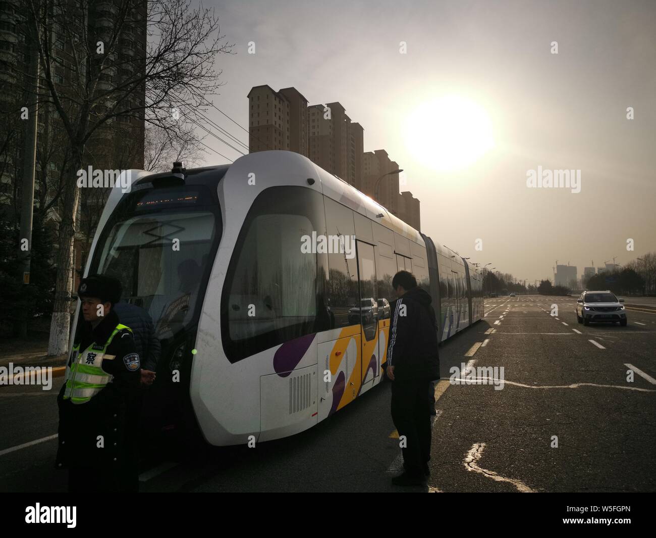 A railless train, developed by the CRRC Zhuzhou Institute Co. Ltd, on a ...
