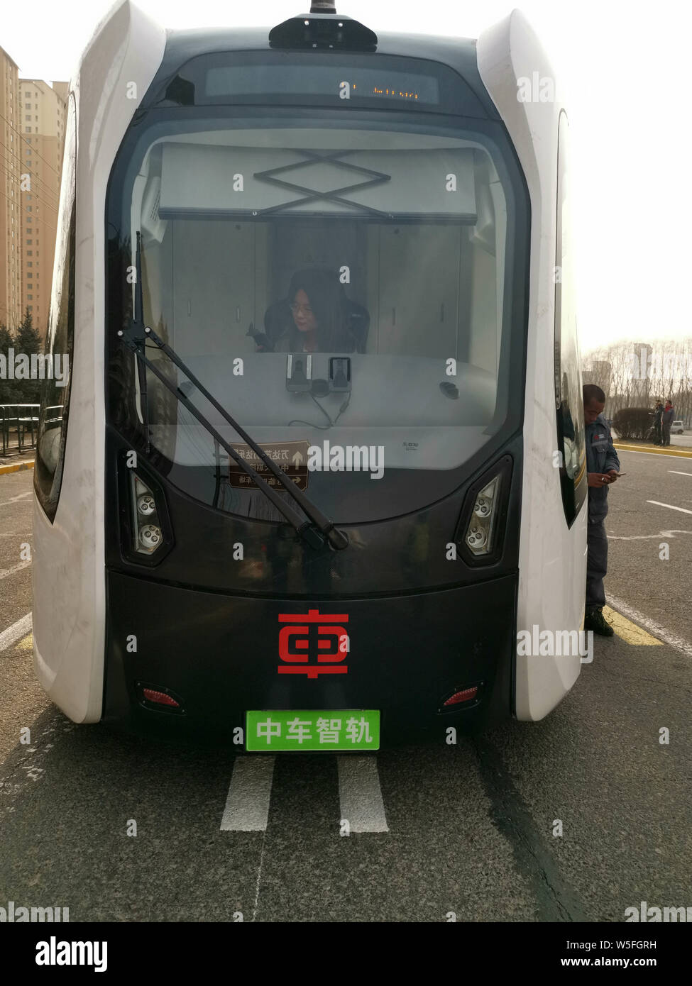 A railless train, developed by the CRRC Zhuzhou Institute Co. Ltd, on a ...