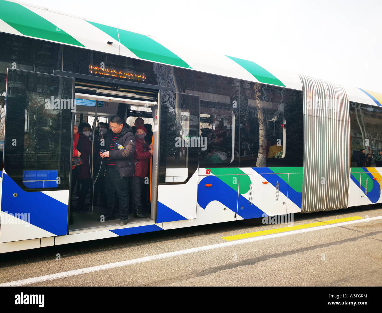 A railless train, developed by the CRRC Zhuzhou Institute Co. Ltd, on a ...