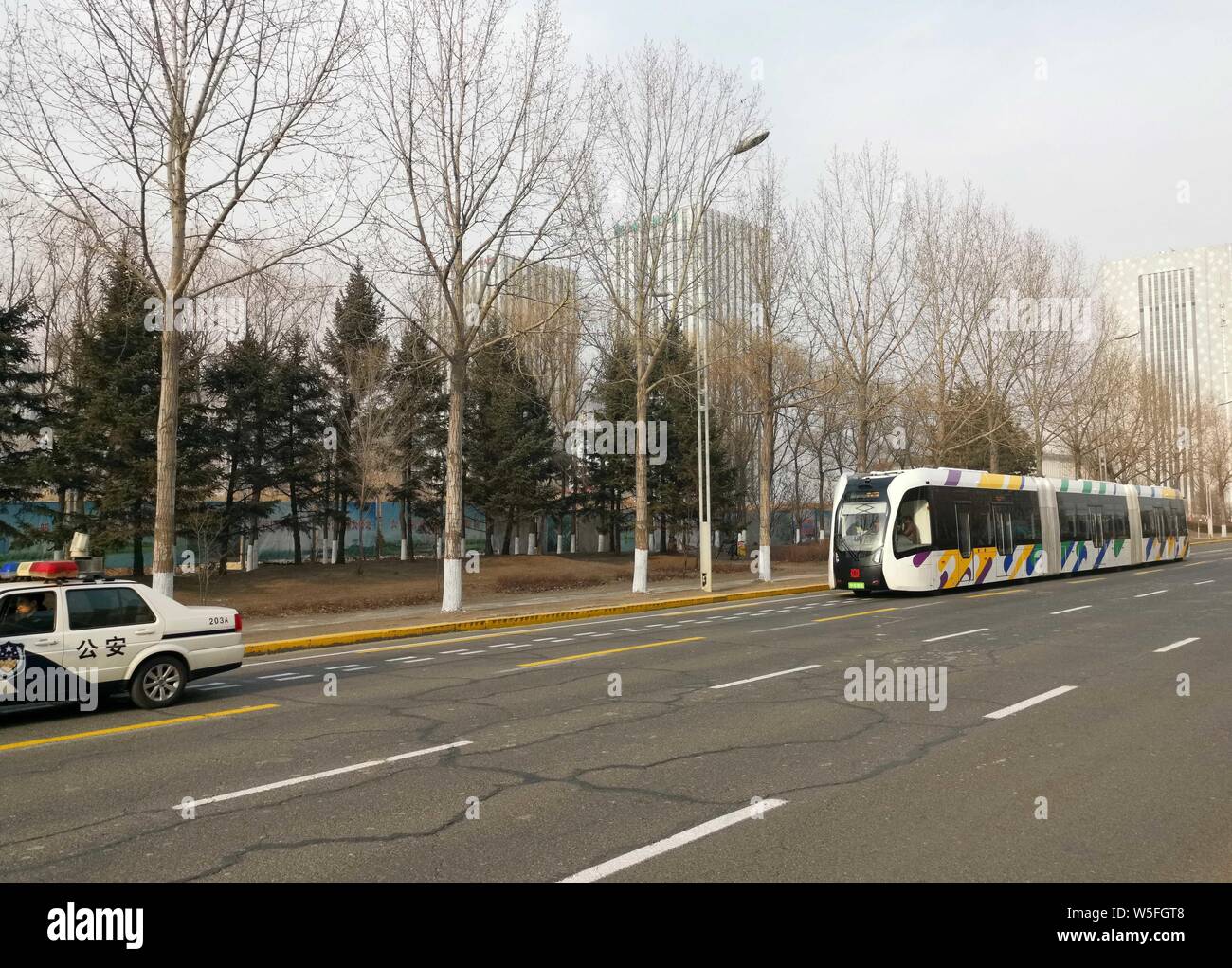 A railless train, developed by the CRRC Zhuzhou Institute Co. Ltd, on a ...