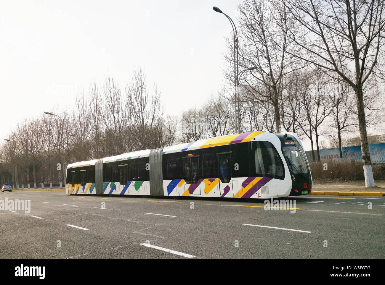 A railless train, developed by the CRRC Zhuzhou Institute Co. Ltd, on a ...