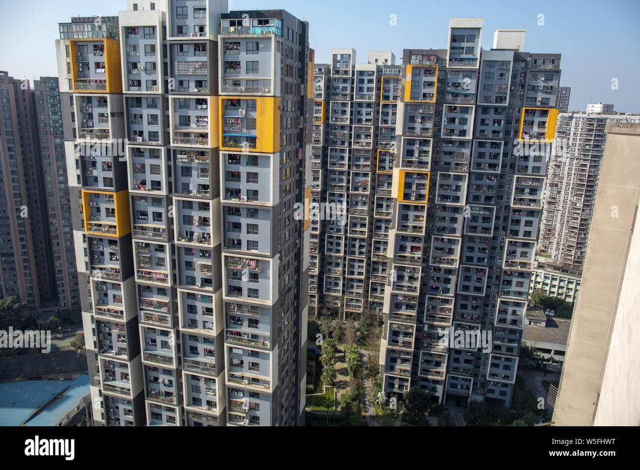 The residential building featuring shape of pile-up of blocks is seen ...