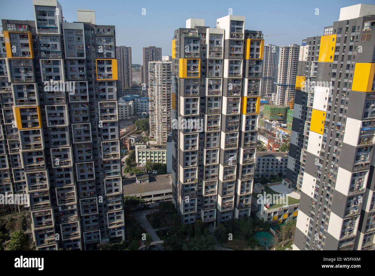 The residential building featuring shape of pile-up of blocks is seen ...